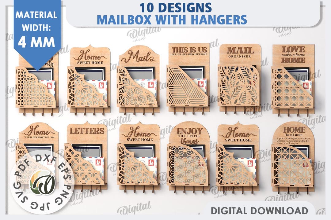 3D Wooden Wall Mailboxes With Hangers Bundle, Mail Organizer Laser Cut ...