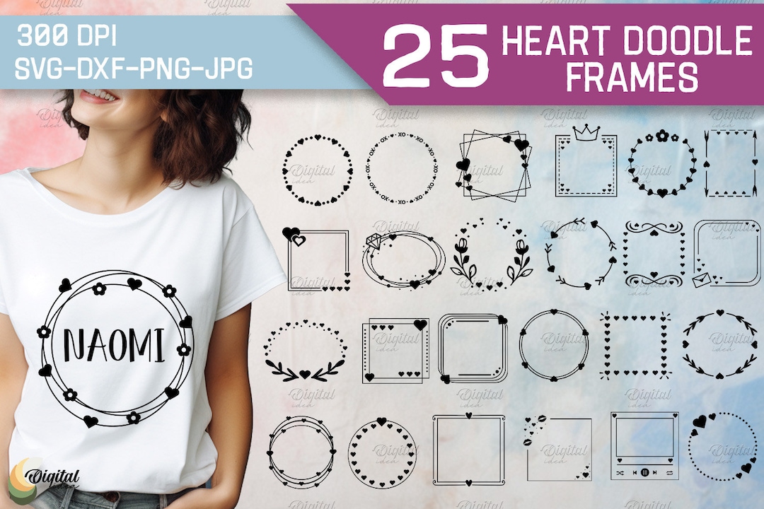 Heart Doodle Frames SVG Bundle, Heart Svg, Valentine's Day Frame ...