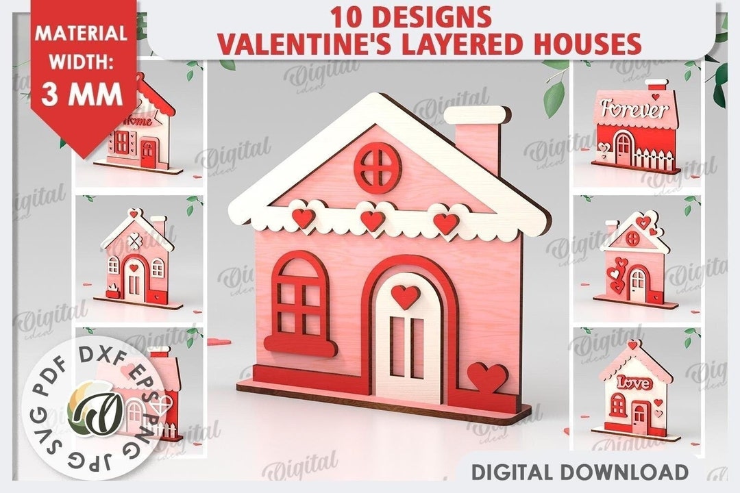 3D Valentine's Day Layered Houses Bundle, House Stand Laser Cut, Wooden ...