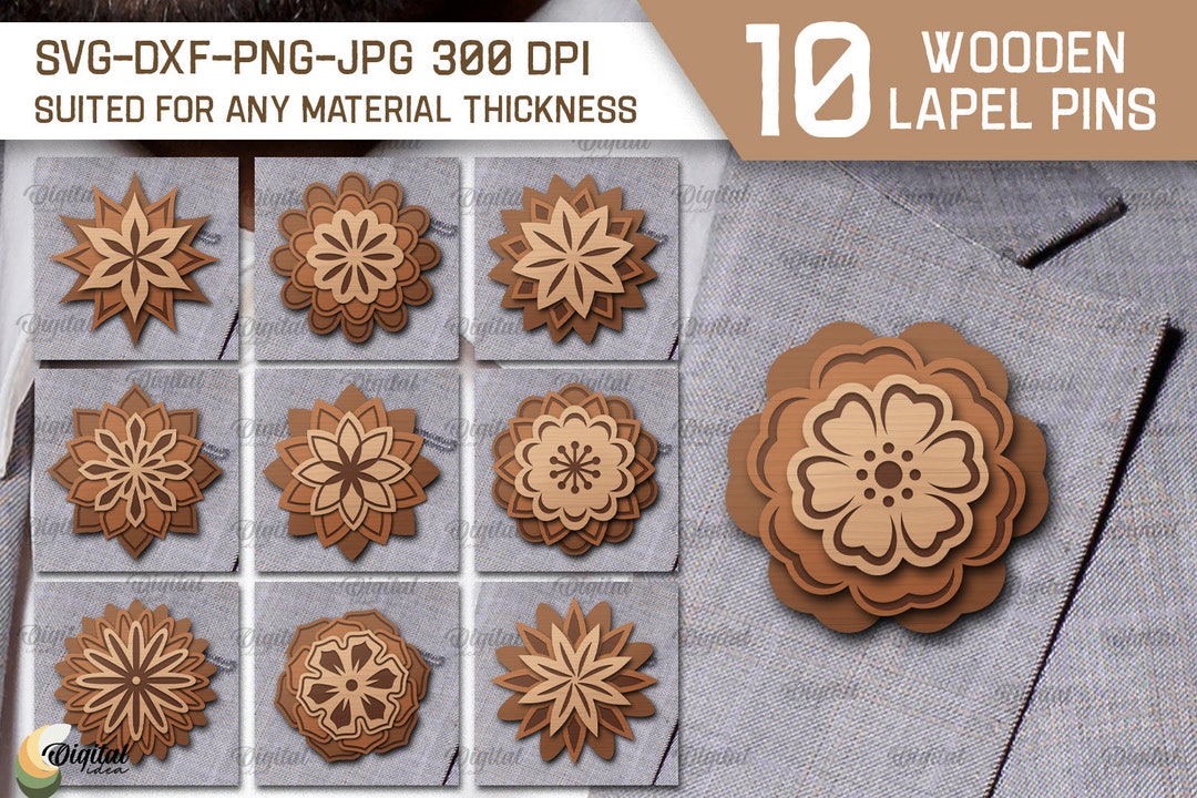 3D Wooden Lapel Pins Bundle, Flower Lapel Pin Laser Cut, Men's Wooden ...
