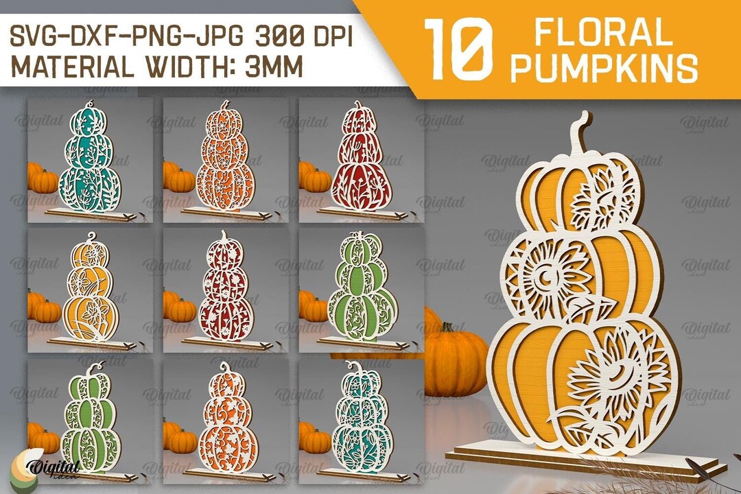 Floral Stacked Pumpkins Bundle, 3D Wooden Pumpkin Laser Cut, Fall Stand ...