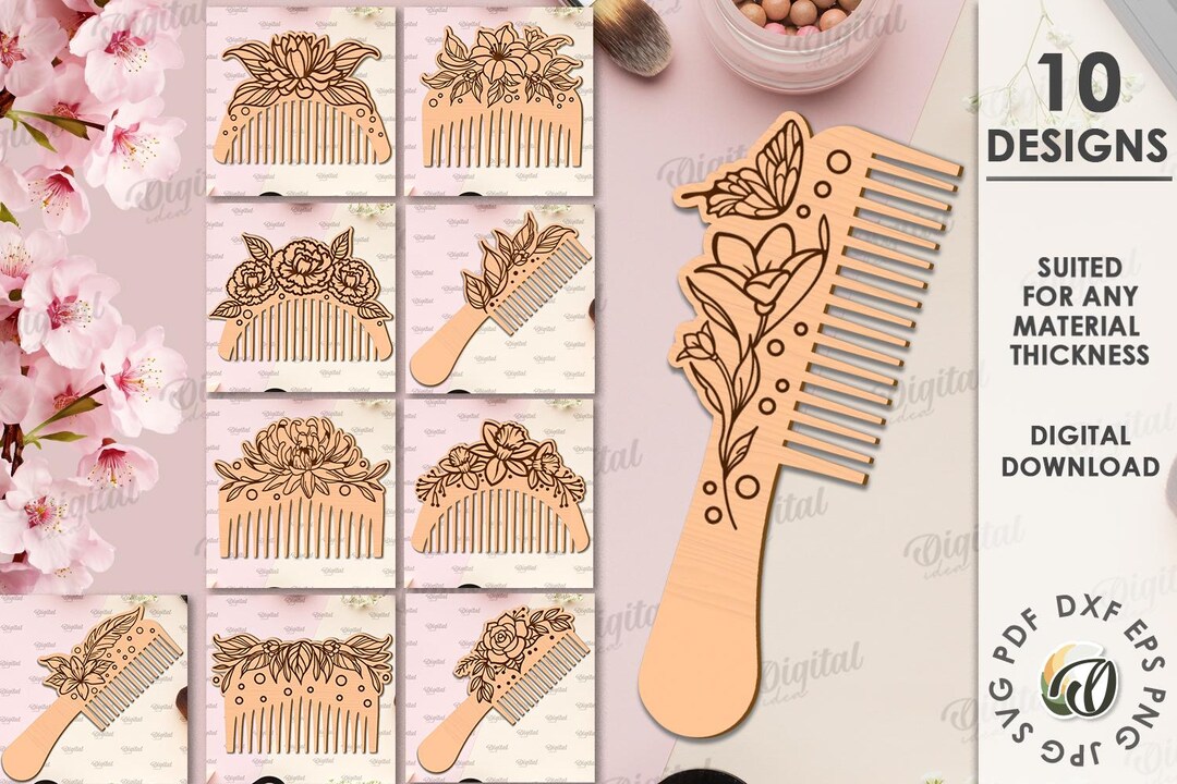 Wooden Floral Hair Combs Bundle, Flower Comb Laser Cut, Hairbrush Svg ...