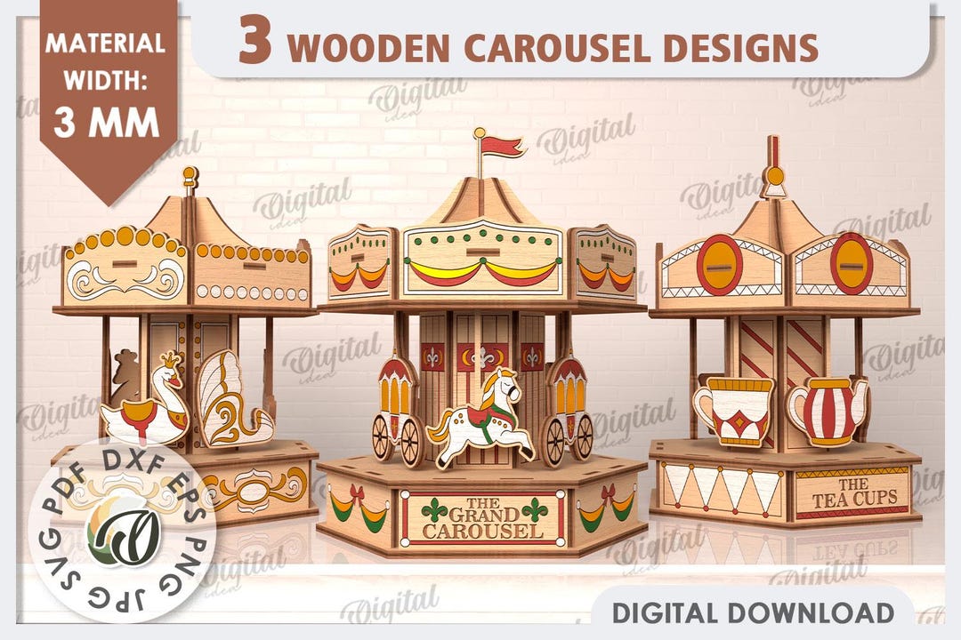 3D Wooden Carousels Bundle, Carousel Laser Cut, 3D Merry Go Round Model, Shelf Sitter Svg, Horse ...