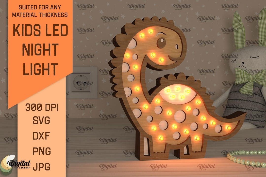 Kids Wooden Led Night Dinosaur Lamp, 3D Dino Night Light Lamp Laser Cut ...