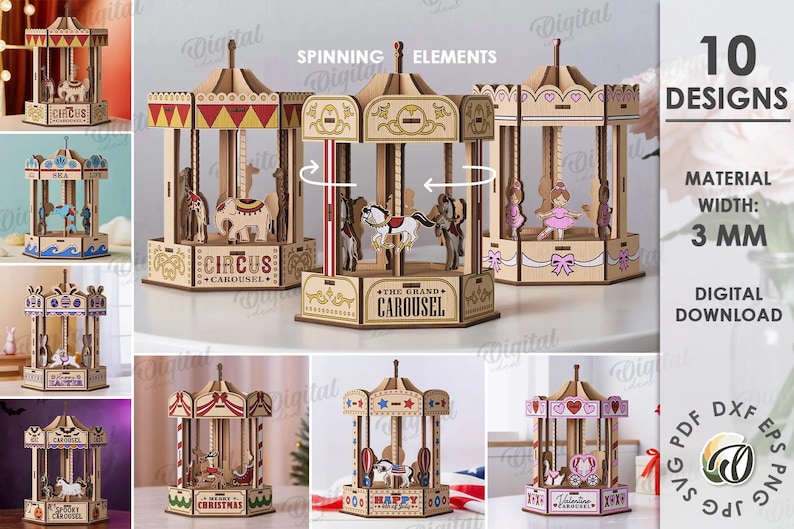 3D Spinning Carousels Bundle, Merry Go Round Laser Cut, Christmas ...