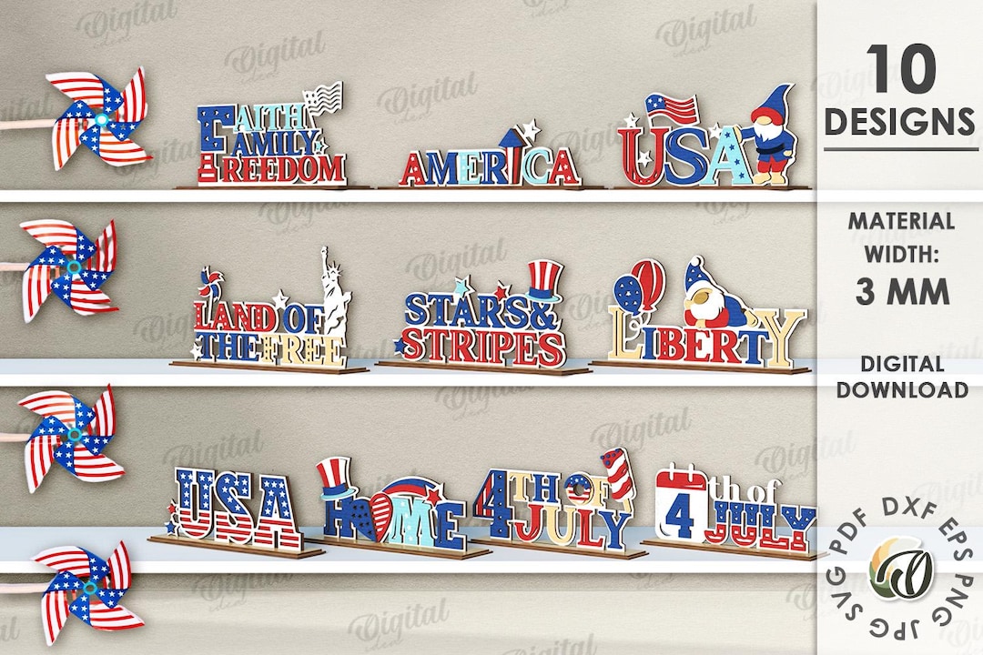 3D 4th of July Word Stands Bundle, Layered Independence Day Decor Laser ...