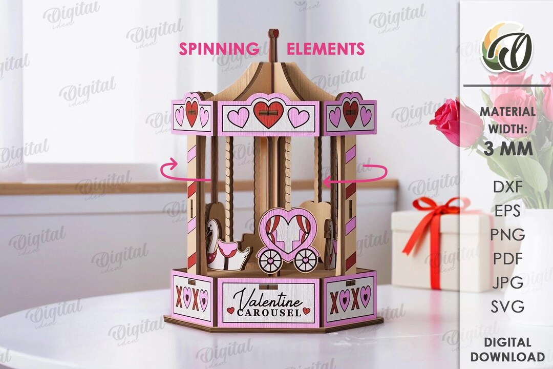 3D Valentine's Day Spinning Carousel, Love Merry Go Round Laser Cut ...