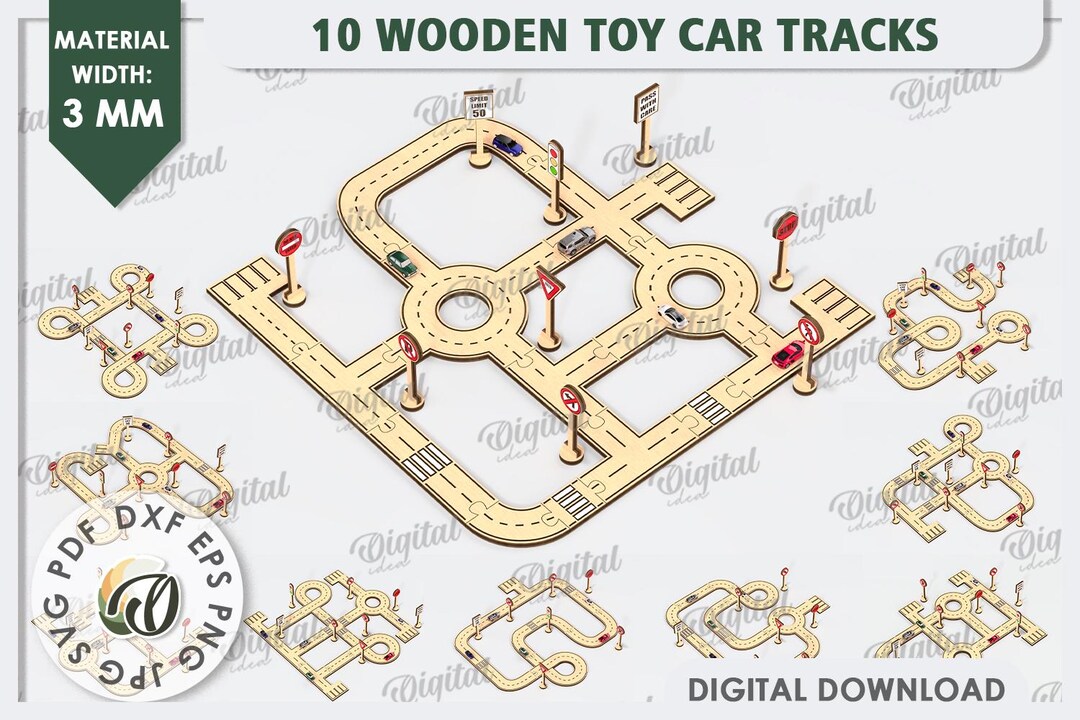 3D Wooden Toy Car Tracks Bundle, Puzzle Road Track Laser Cut, Road ...