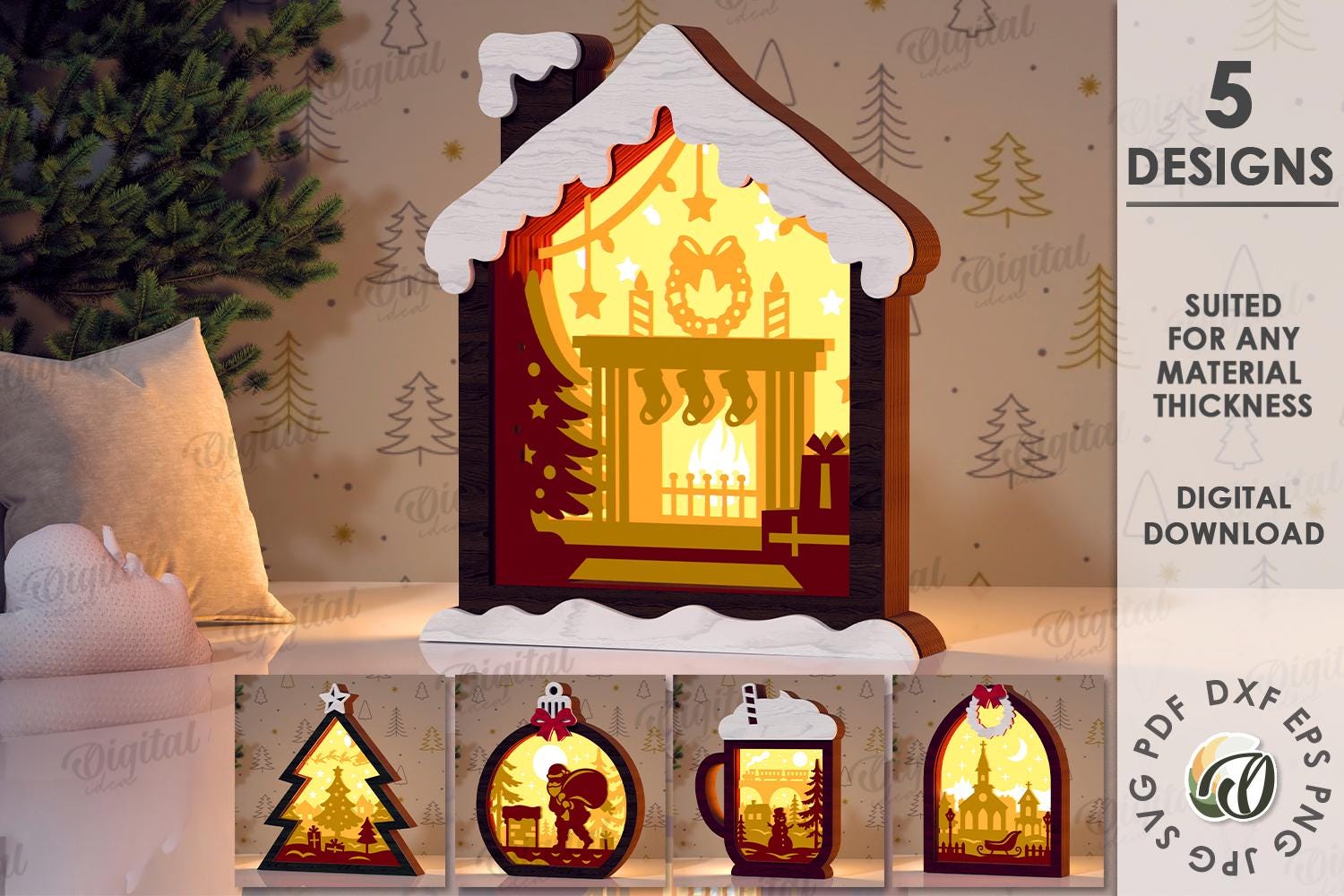 3D Christmas Light Boxes Bundle, Shadow Box Laser Cut, Xmas Scene Svg ...