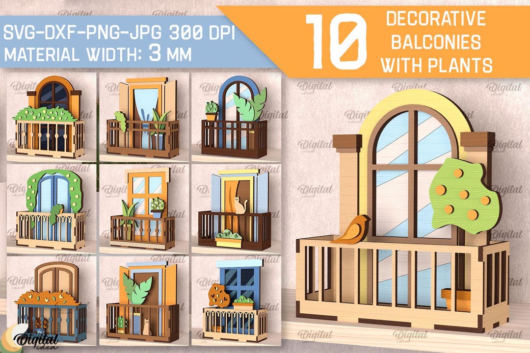 3D Decorative Balconies With Plants Bundle, Balcony and Plants Lasercut ...