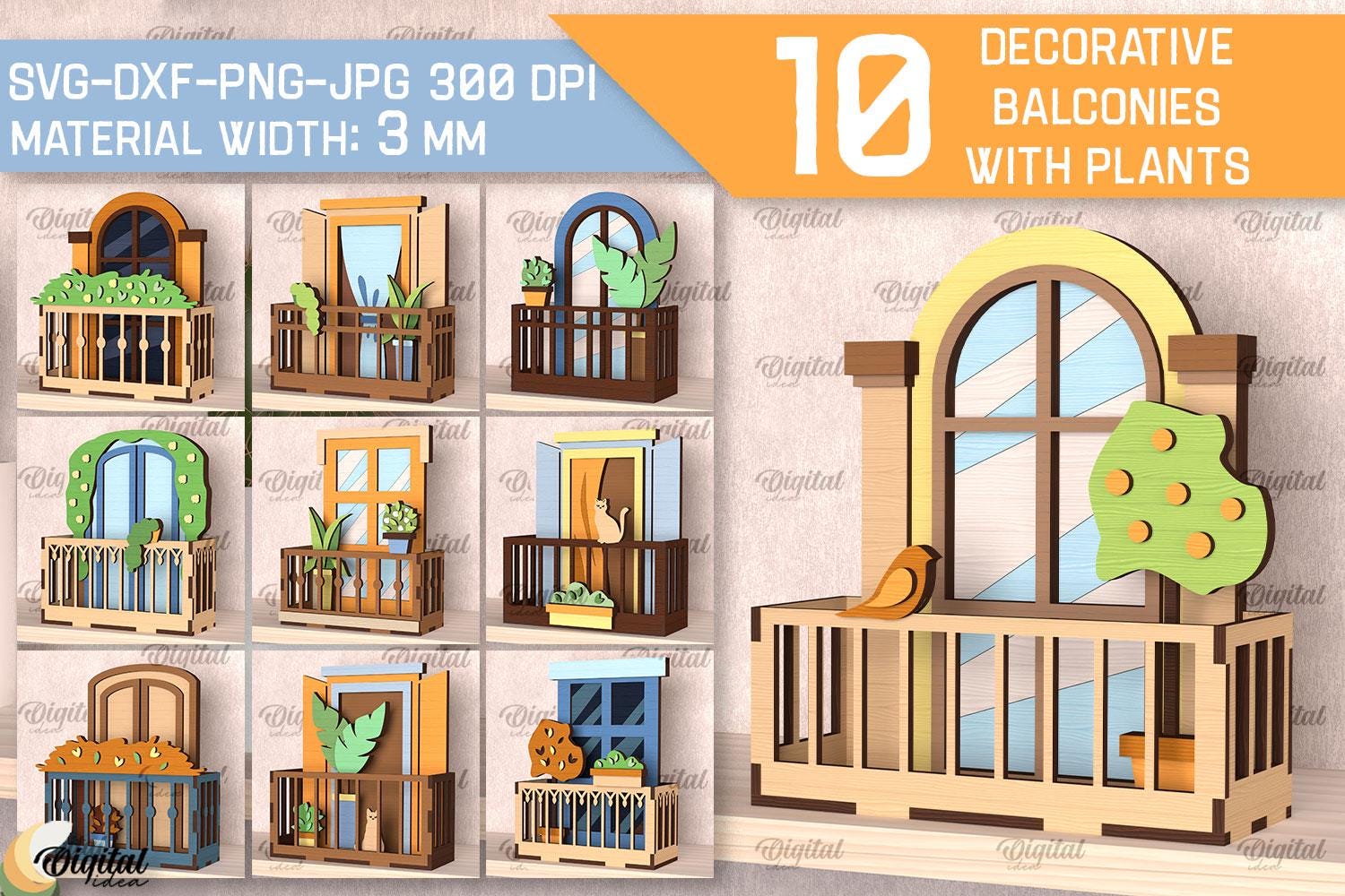 3D Decorative Balconies With Plants Bundle, Balcony and Plants Lasercut ...