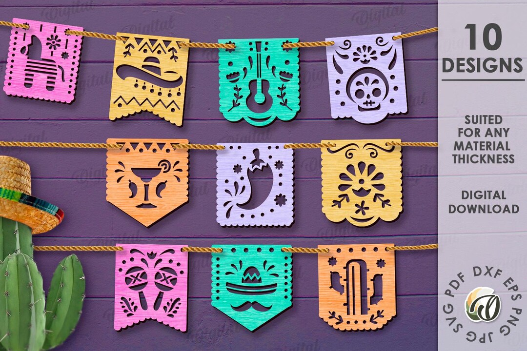 3D Cinco De Mayo Banners Bundle, Papel Picado Garland Laser Cut ...