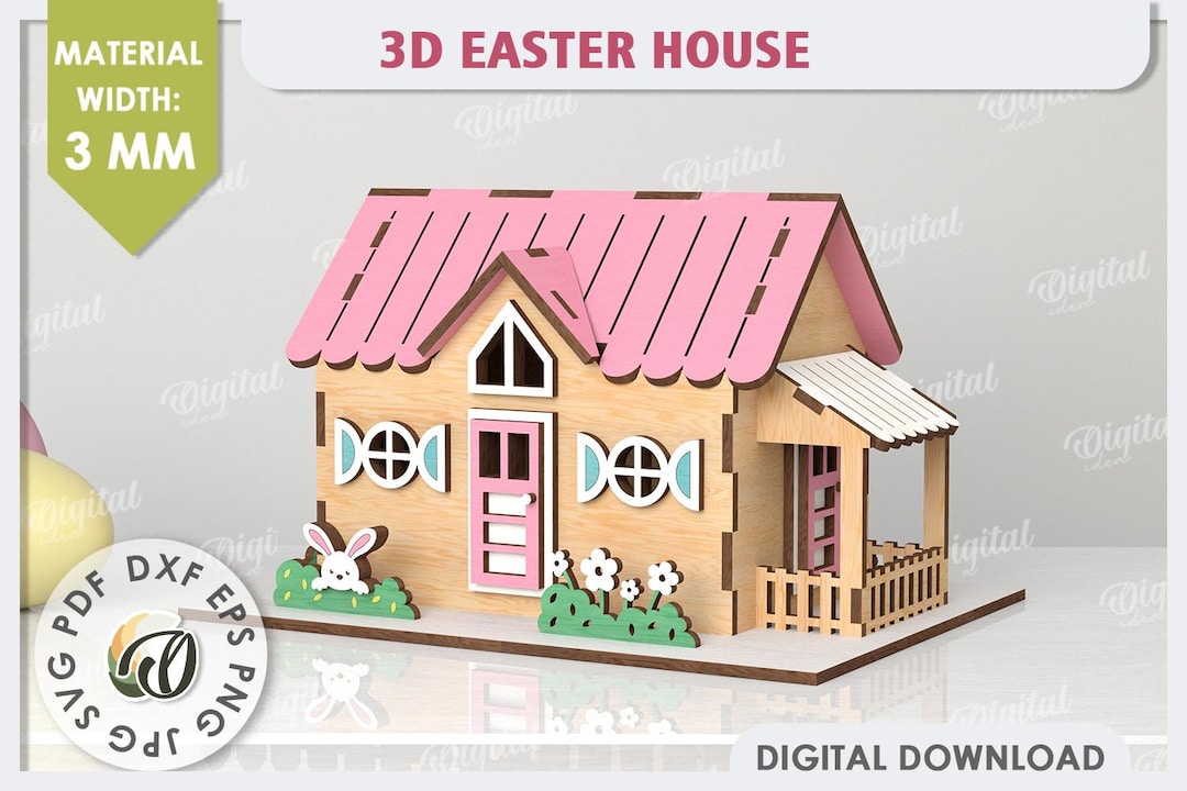3D Cute Easter House, Easter Home Decor Lasercut, Easter Bunny ...