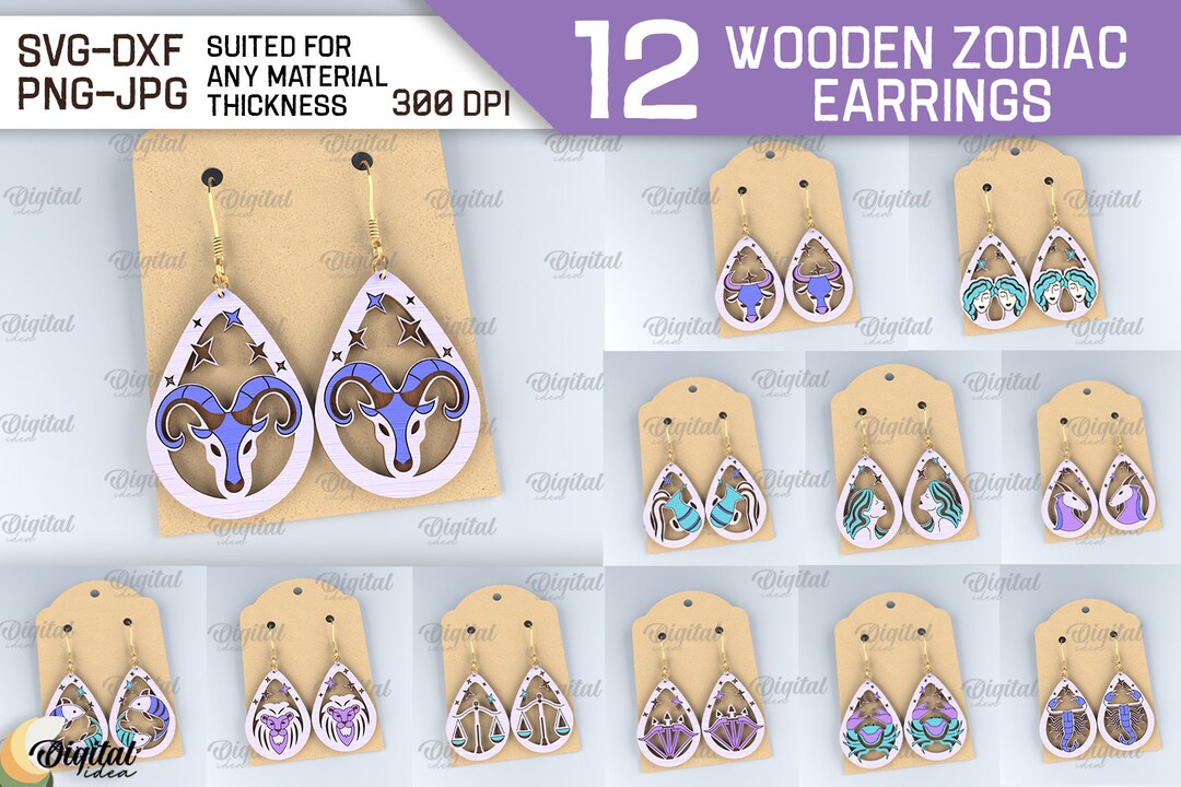 Zodiac Earrings Bundle, Star Sign Jewelry Laser Cut, Horoscope Wooden ...