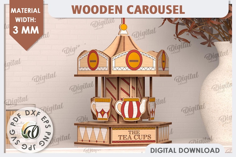 3D Wooden Carousel, Carousel Laser Cut, the Tea Cups SVG, Merry Go ...