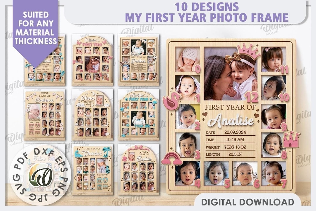 3D My First Year Photo Frames Bundle, Baby Picture Frame Lasercut ...