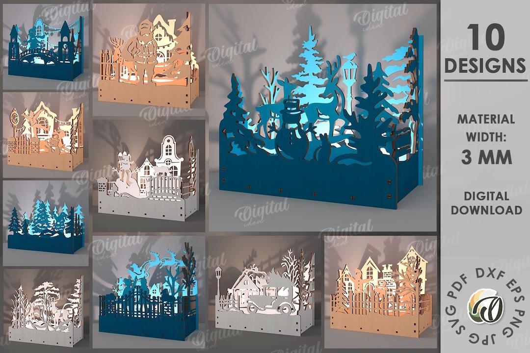 3D Christmas Lamps Bundle, Xmas Light Box Laser Cut, Christmas Scene ...