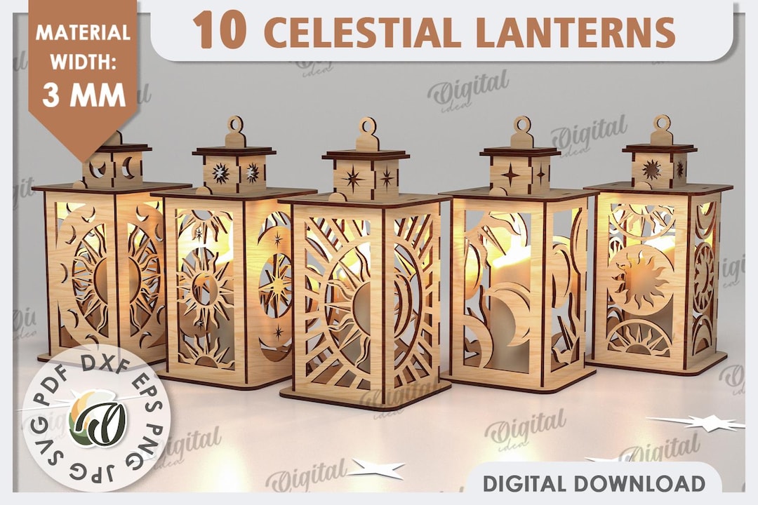 3D Celestial Lanterns Laser Cut Bundle, Sun and Moon Candle Holder ...