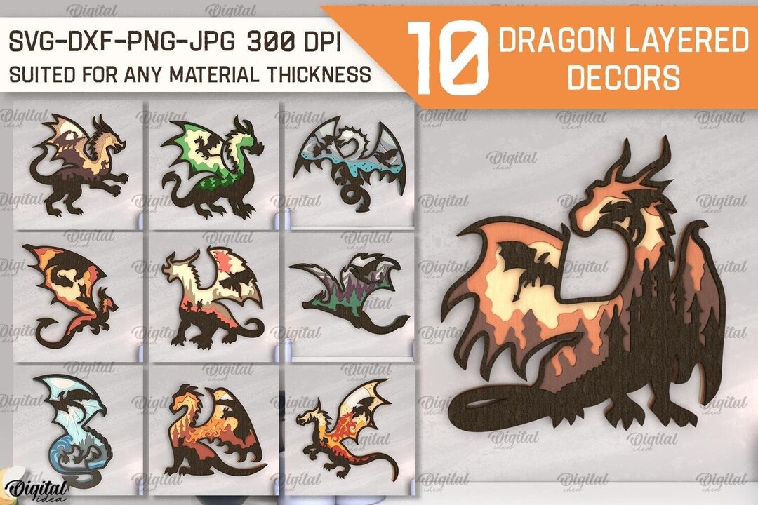 Dragon Layered Decors Bundle, 3D Dragons Wall Decor Laser Cut, Dragon ...