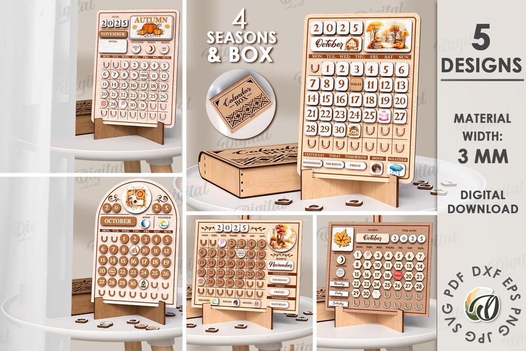 3D Perpetual Calendars With Boxes Bundle, Desk Calendar Laser Cut ...