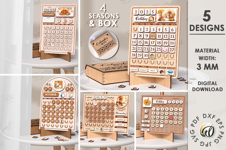 3D Perpetual Calendars With Boxes Bundle, Desk Calendar Laser Cut ...