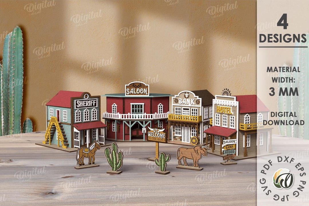 3D Wild West Town Bundle, Western Laser Cut, Saloon Model Svg, Wooden ...