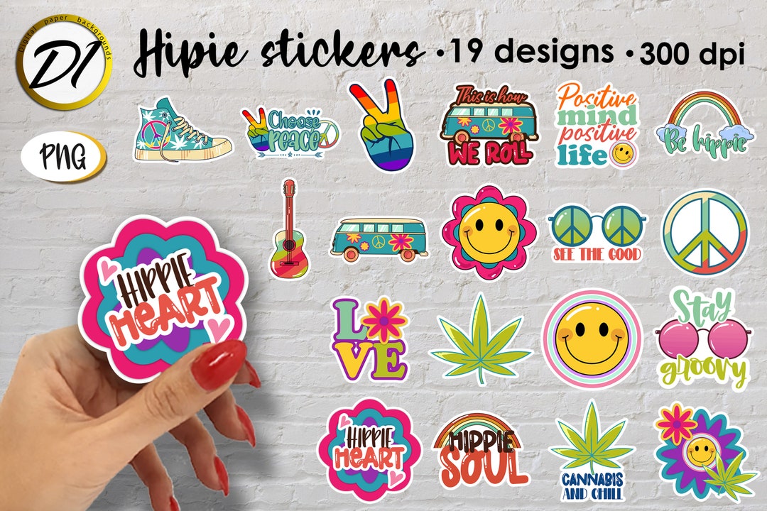 Hippie Stickers, 19 Printable Stickers, Hippie Sticker Pack, Hippie ...
