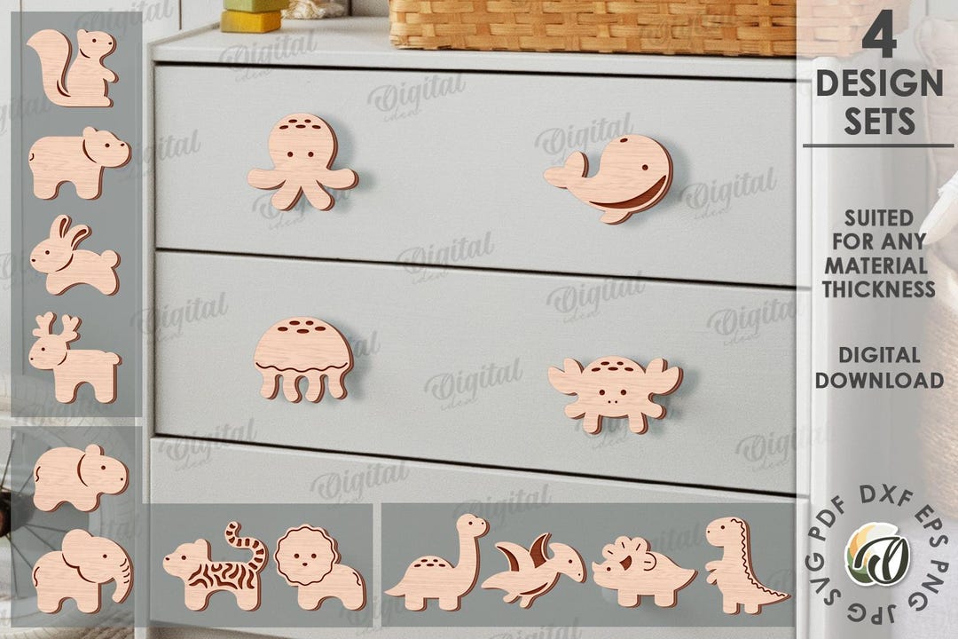 3D Nursery Dresser Knobs Bundle, Cute Drawer Animal Handles Laser Cut ...