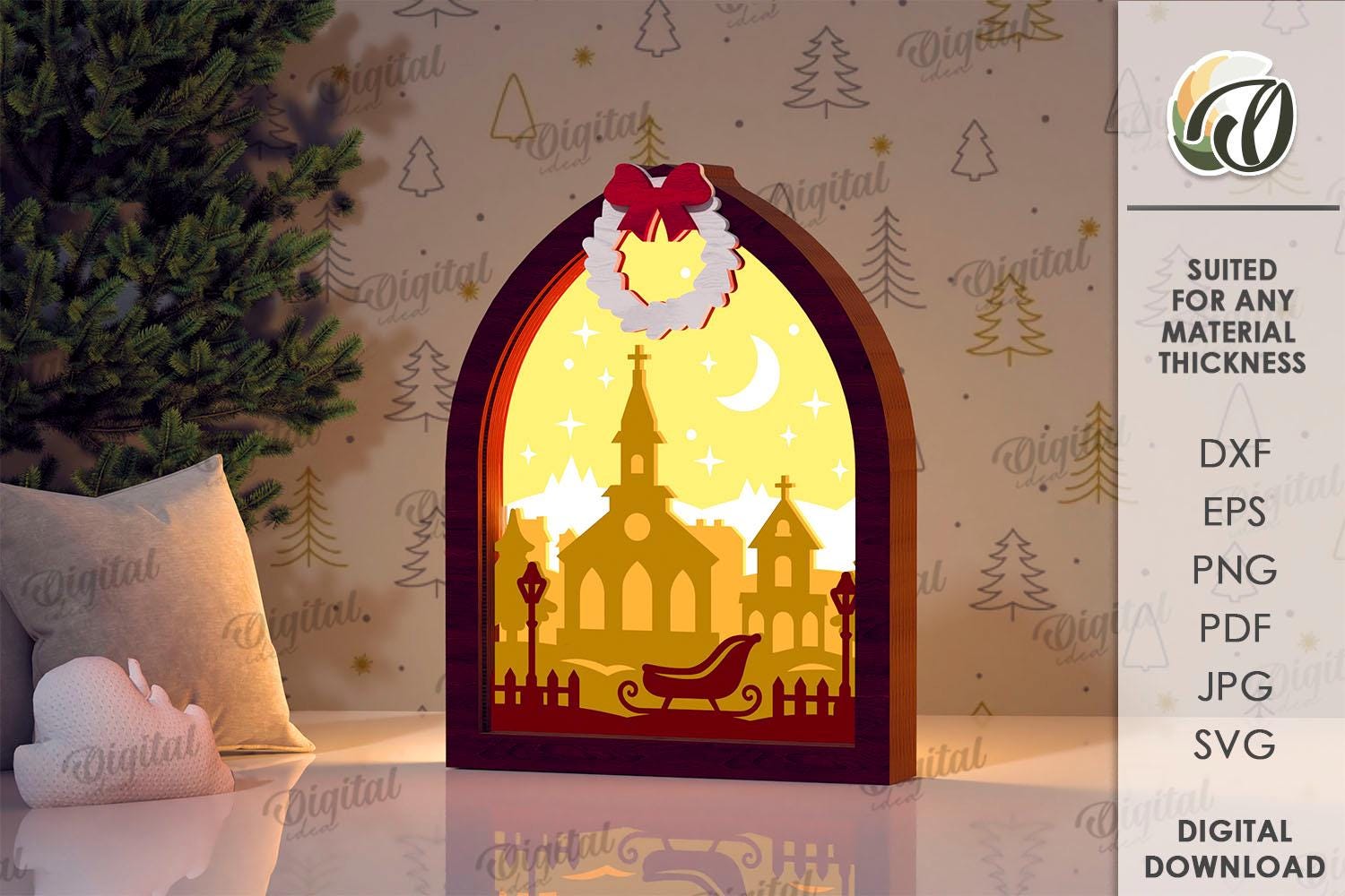 3D Christmas Light Boxes Bundle, Shadow Box Laser Cut, Xmas Scene Svg ...
