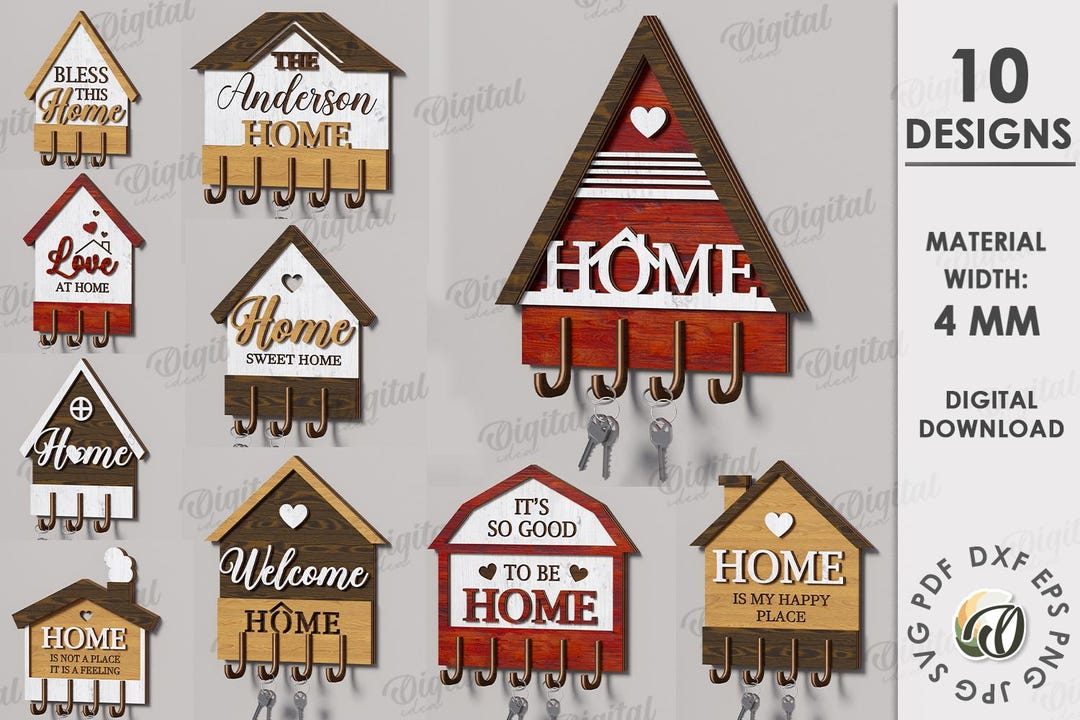 3D House Key Holders Bundle, House Keychain Rack With Hooks Laser Cut ...