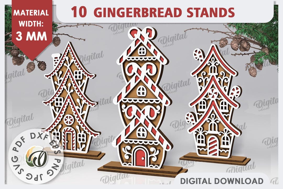 3D Gingerbread Stands Bundle, Xmas Gingerbread House Laser Cut, Stacked ...