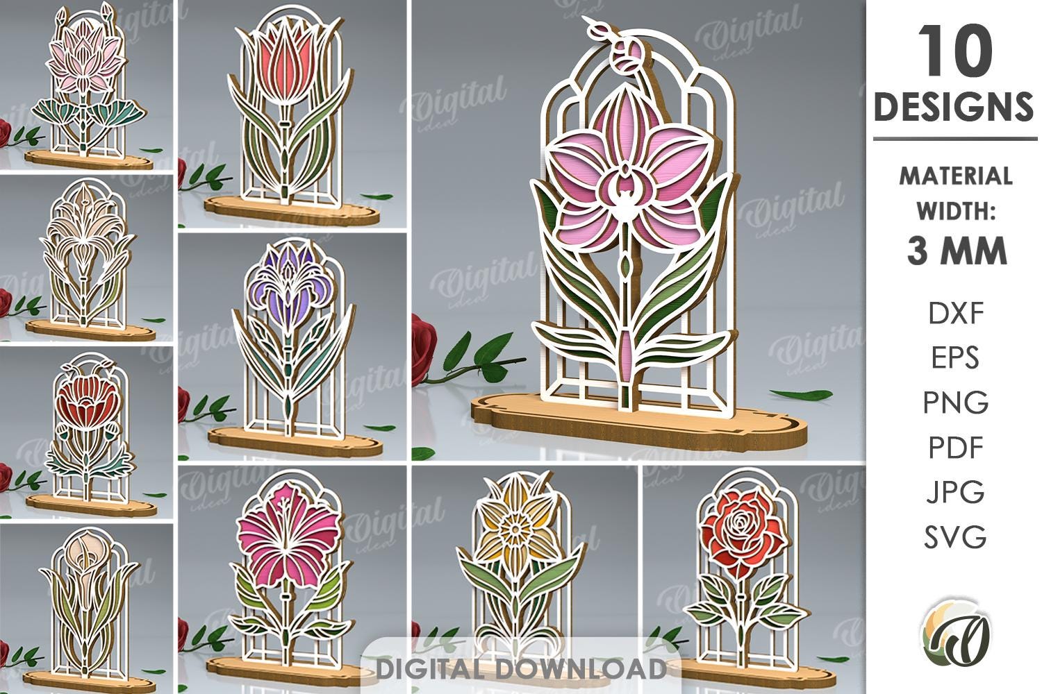 3D Art Deco Flower Decors Bundle, Layered Flower Stand Laser Cut ...