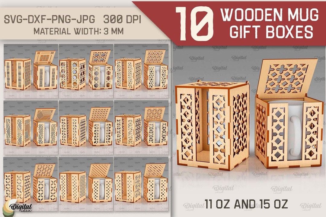 3D Wooden Mug Gift Box Bundle, Coffee Cup Gift Box Laser Cut ...
