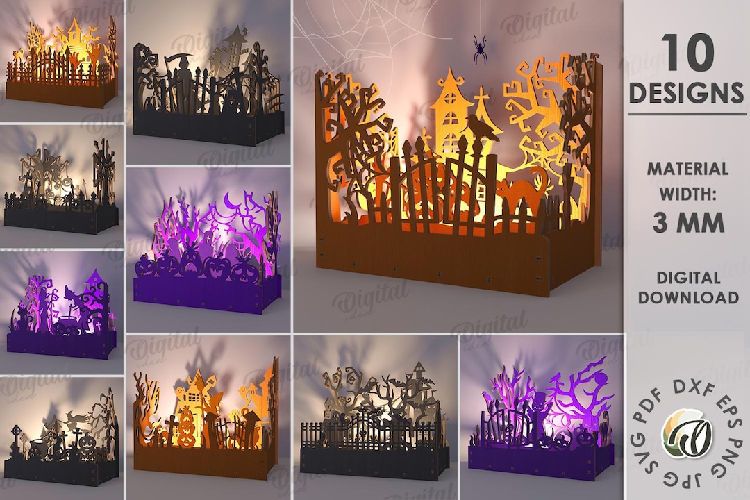 3D Halloween Lamps Bundle, Spooky Scene Night Light Laser Cut, Wooden ...