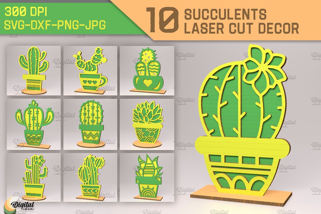 3D Succulent Laser Cut Bundle, Potted Plant Decor, Cactus Wooden Stand ...