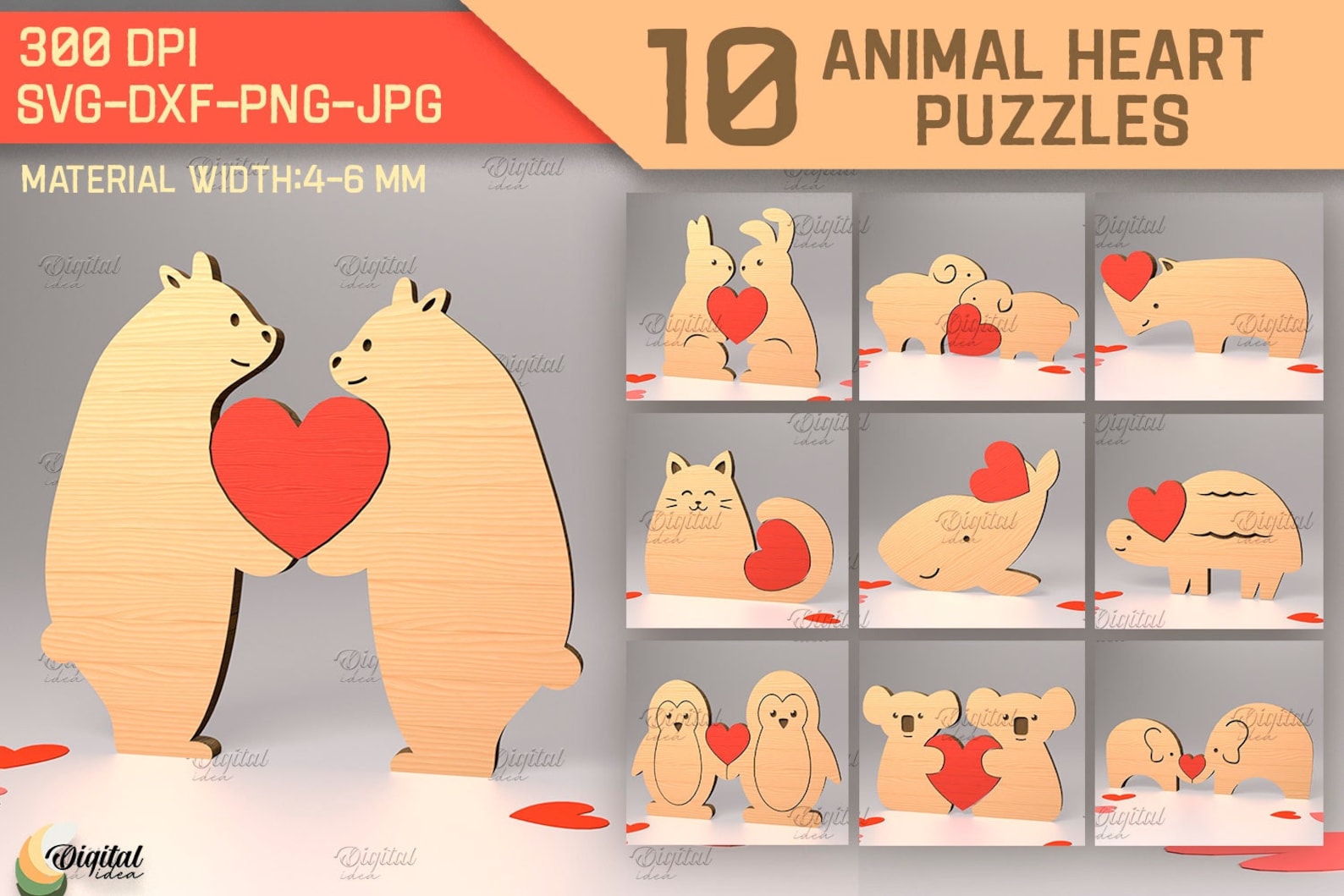 Wooden Animal Love Puzzle Bundle, 3D Laser Cut Animals With Hearts ...