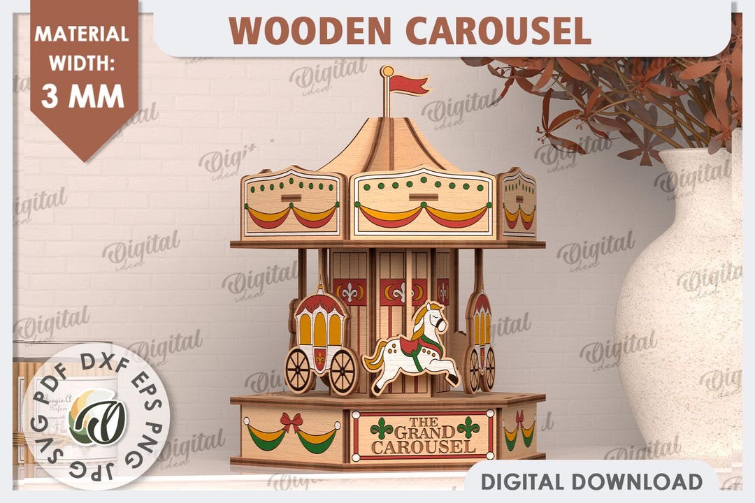 3D Wooden Carousel, Carousel Laser Cut, the Grand Carousel SVG, Merry ...