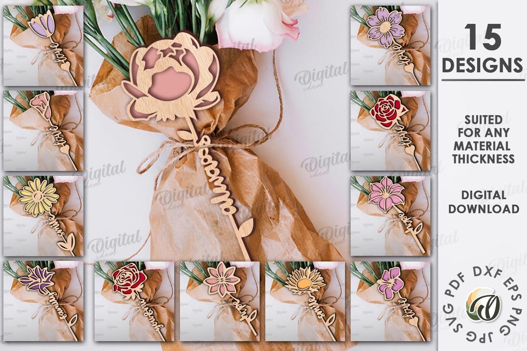 3D Wooden Flowers With Words Bundle, Layered Flower Laser Cut, Mother's ...