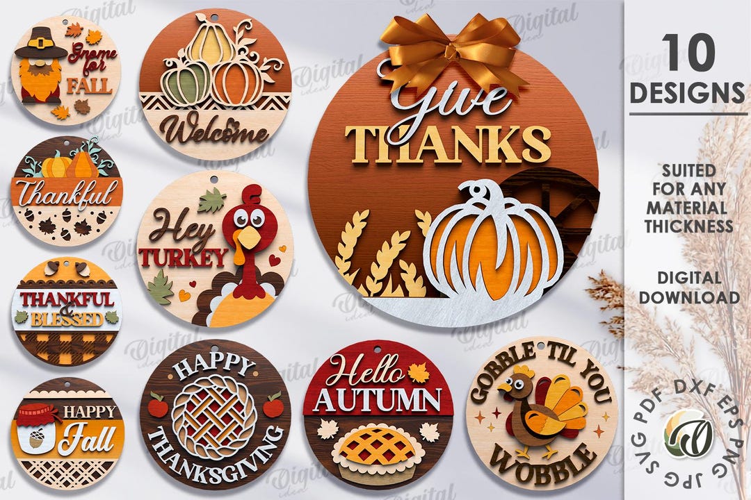 3D Thanksgiving Signs Bundle, Round Sign Laser Cut, Autumn Quotes Svg ...