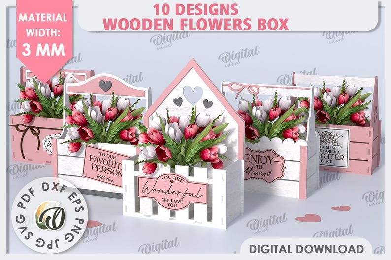 3D Flower Gift Boxes Bundle, Rustic Flower Bouquet Holder Laser Cut ...