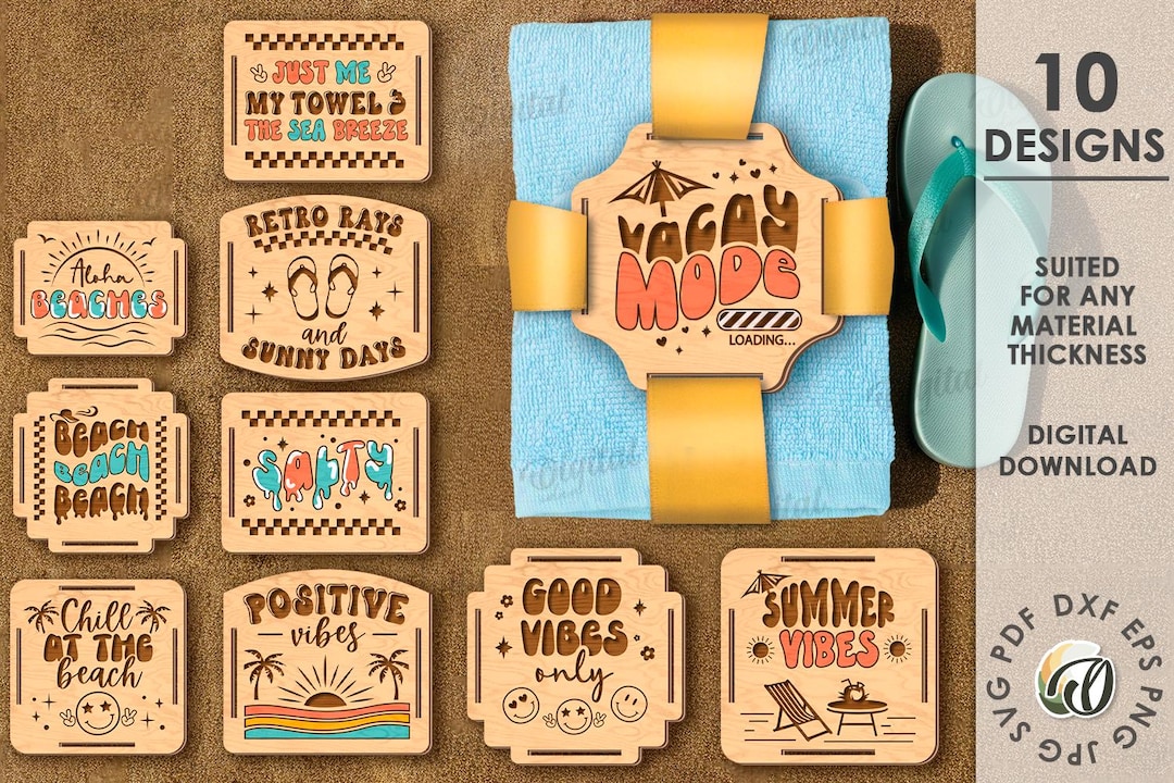 Retro Summer Towel Gift Tags Bundle, Beach Towel Gift Label Laser Cut ...