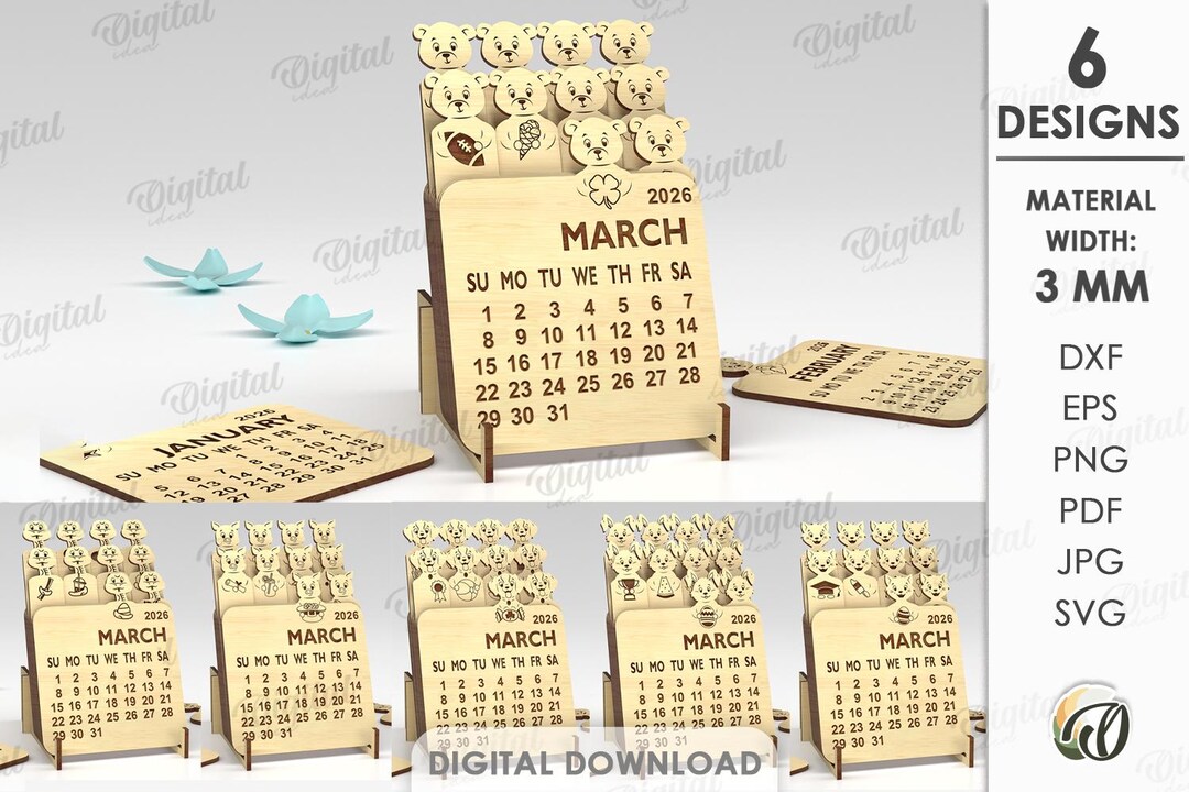 3D Layered Calendars With Stand 2026 Bundle, Calendar Laser Cut Files ...