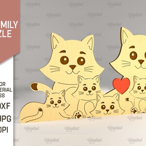 Wooden Cat Family Puzzle, up to 5 Children, 3D Laser Cut Family Love ...