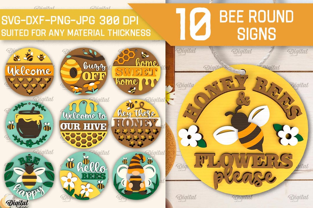 3D Bee Round Sign Bundle, Wooden Hanger Laser Cut, Round Layered Sign ...