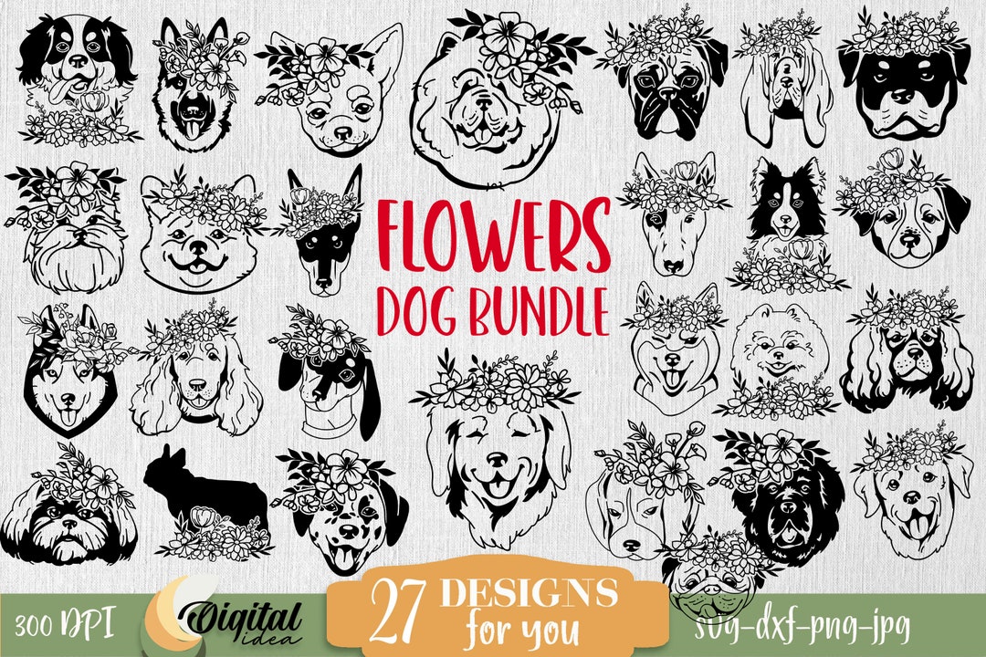 Dogs With Flowers SVG Bundle, 27 Dog Breeds Svg, Dog Portrait, Dog Head ...