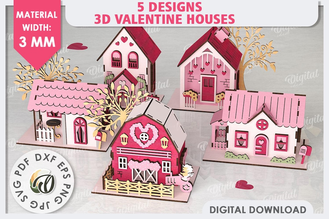 3D Valentine's Day Houses Bundle, Valentine Decors Laser Cut, Love ...