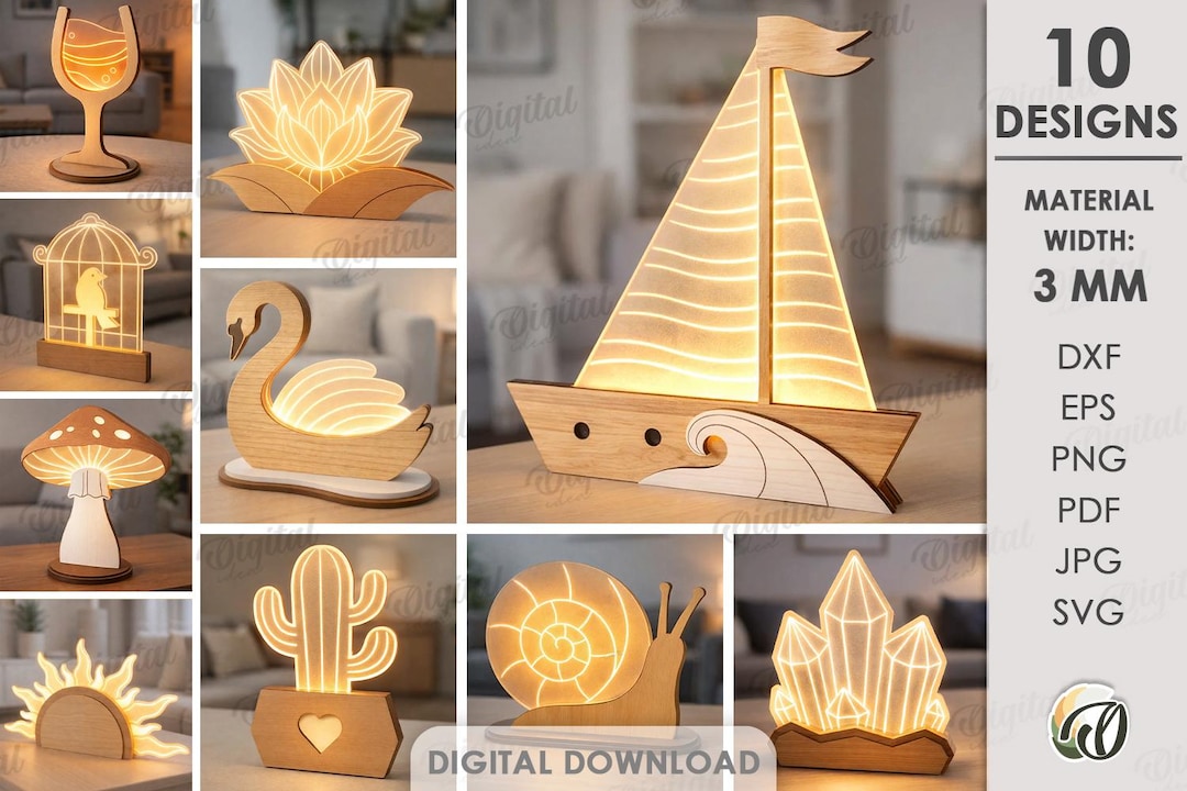 3D Led Lamps Bundle, Acrylic Lantern Laser Cut Files, Wooden Nightlight ...