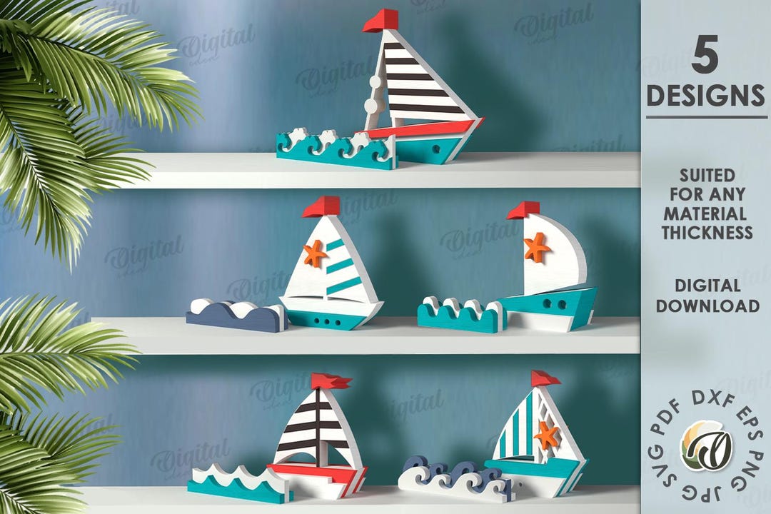 3D Ocean Shelf Sitters Bundle, Layered Ship and Waves Stand Laser Cut ...