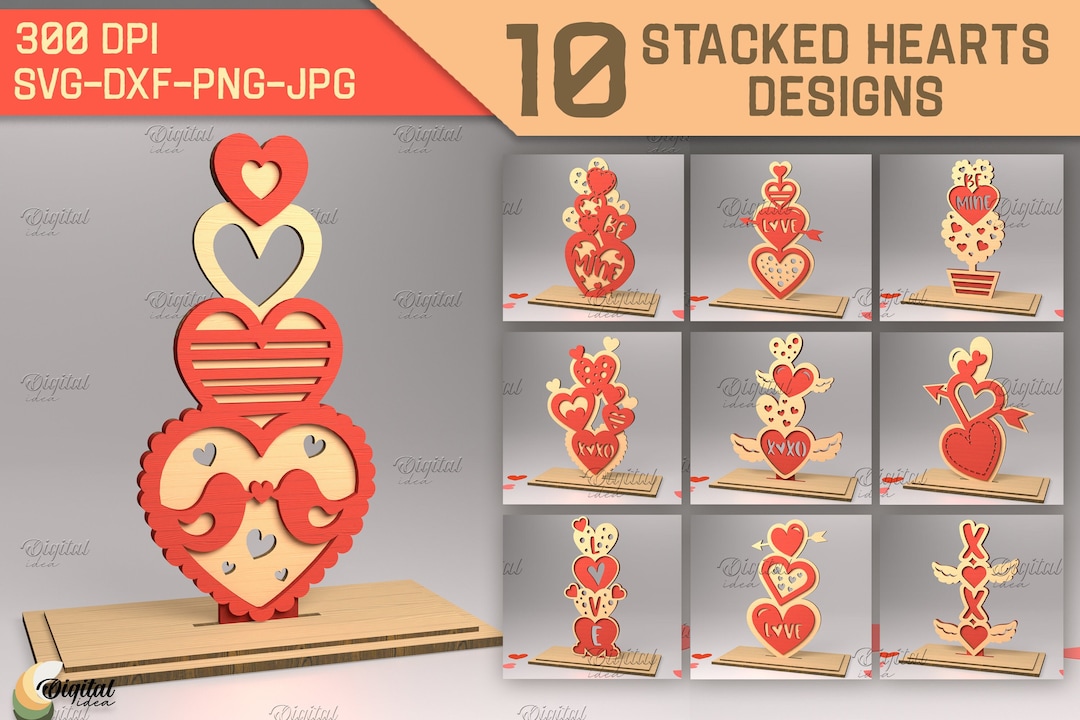 Stacked Hearts Bundle, 3D Laser Cut Layered Hearts, Valentine's Day ...