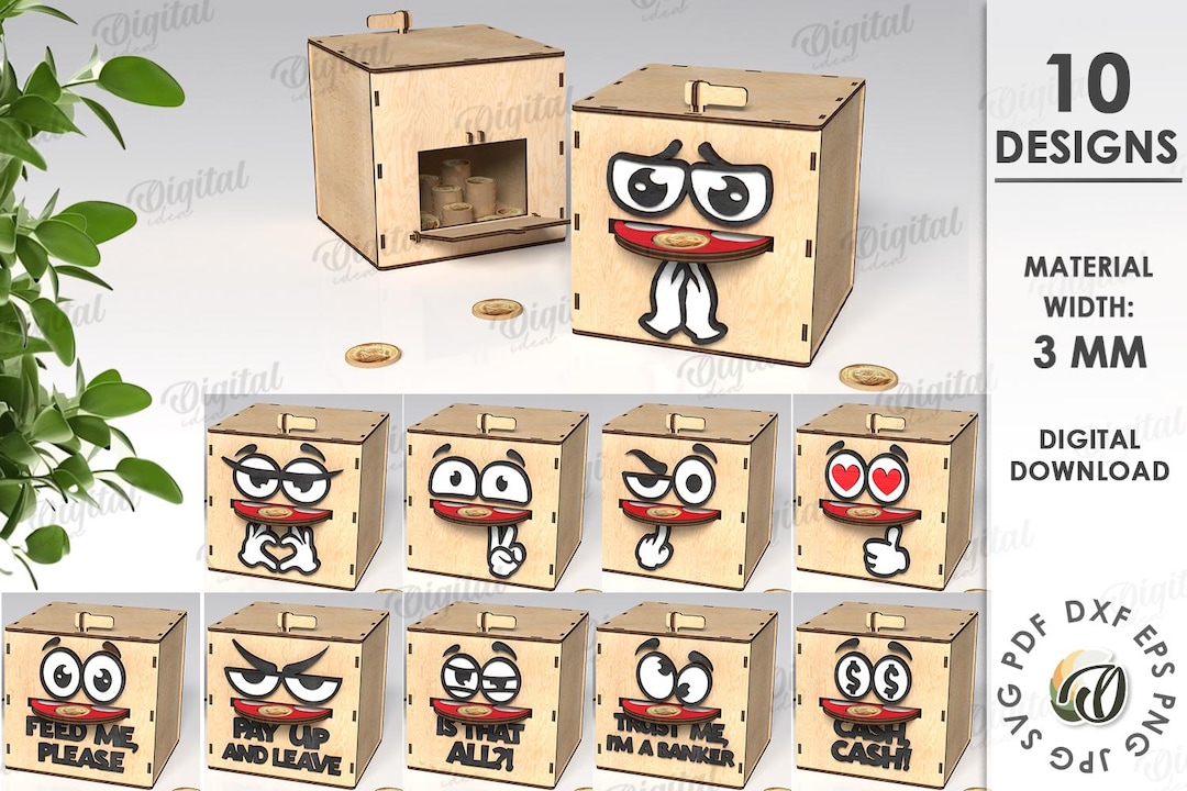 3D Coin Piggy Bank Boxes Bundle, Funny Money Bank Box Laser Cut,emoji ...